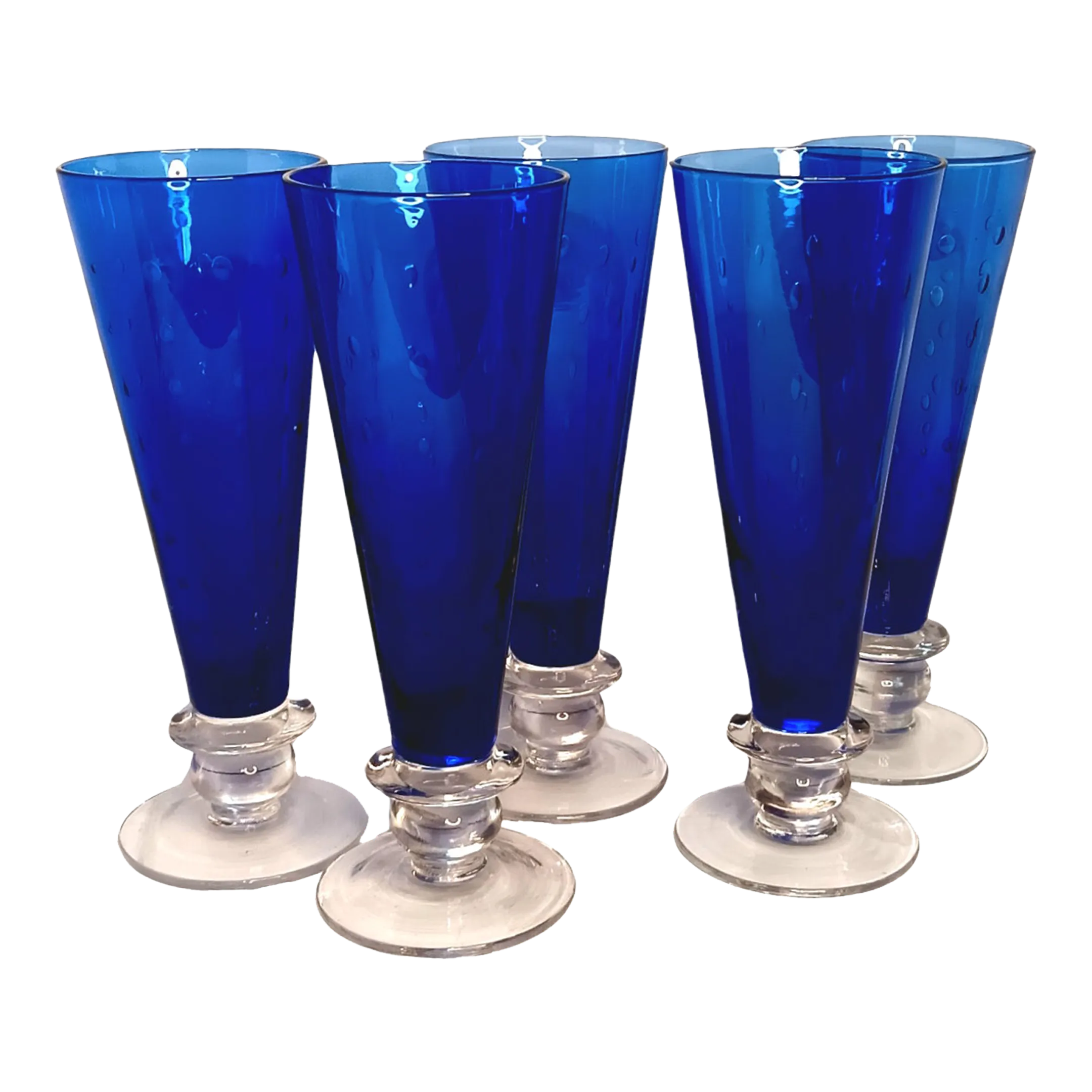 Cobalt Blue Beer Pilsner Cocktail Glasses Handblown With Bubbles Clear ...