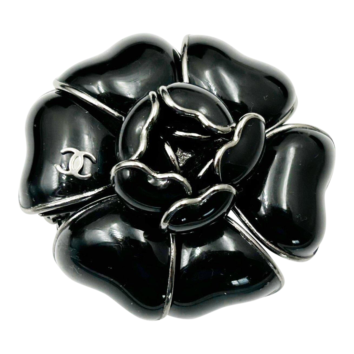 Chanel Silver CC Black Camellia Brooch | Chairish