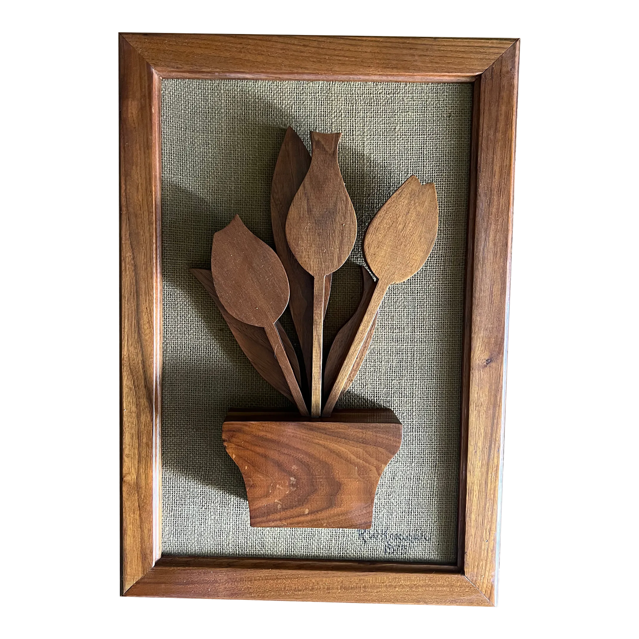 1975 Mid-Century Modern Handcrafted 3D Wood Art Tulips Flowers Framed ...