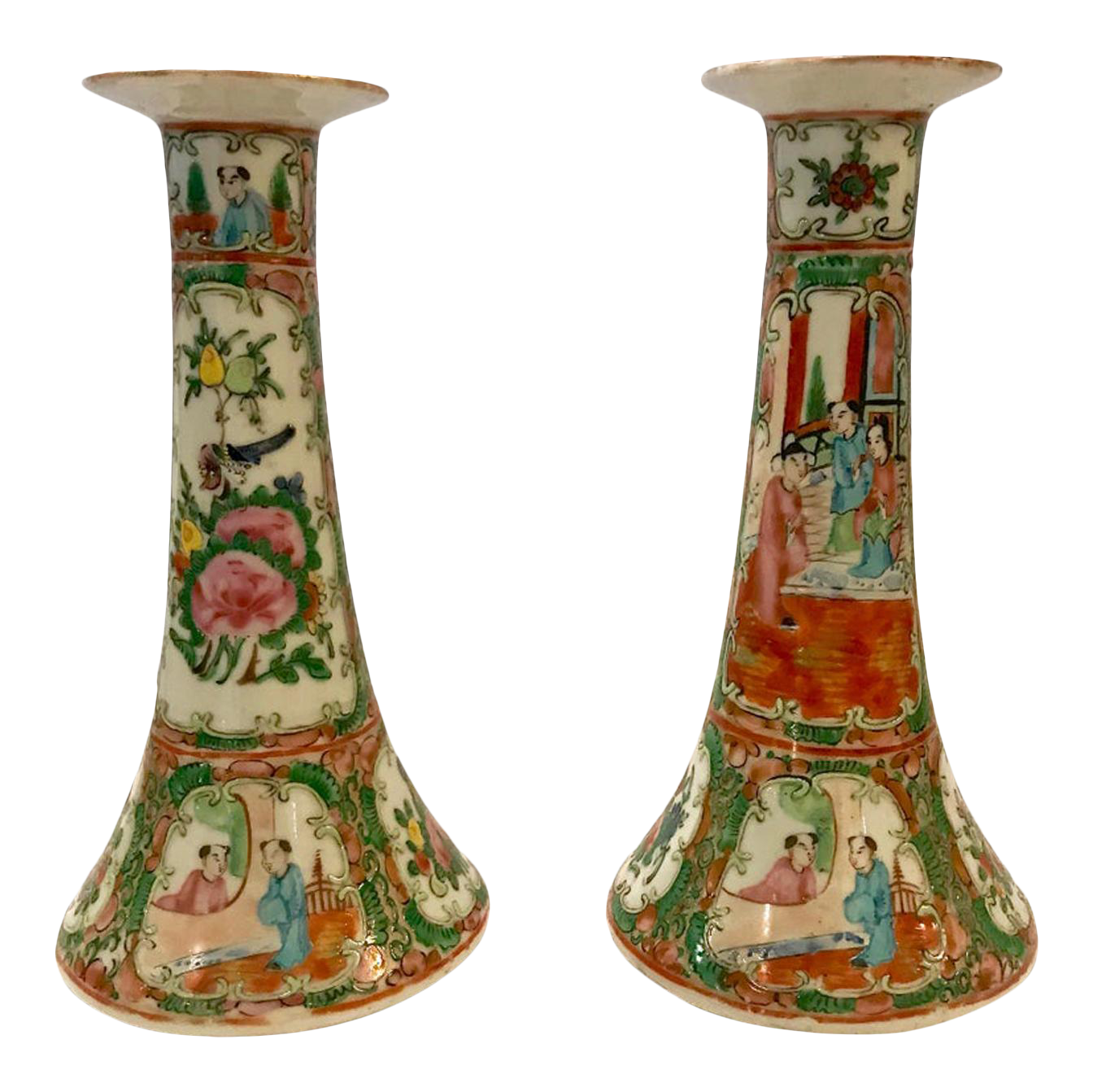 Chinese Export Rose Canton Candlesticks, circa 1860 - A Pair | Chairish