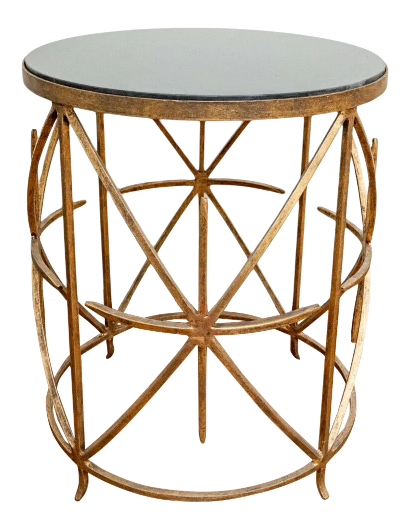 Antiqued Gold Leaf Wrought Iron and Granite Side Table | Chairish