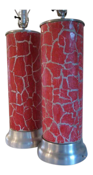1940s Vintage Bouck Red & White Crackle Column Lamps - A Pair | Chairish