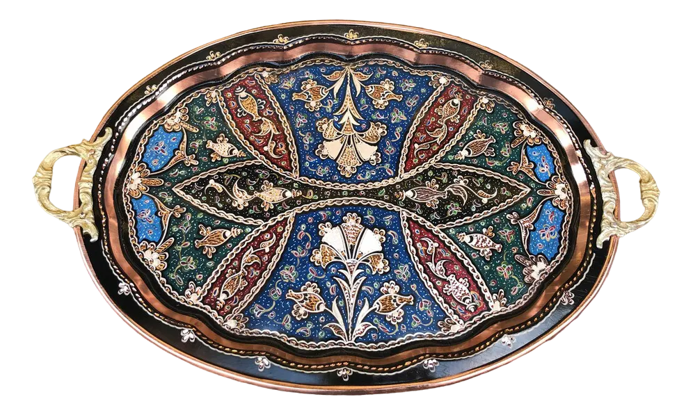 Hand Carved Copper Tray with Handles | Chairish