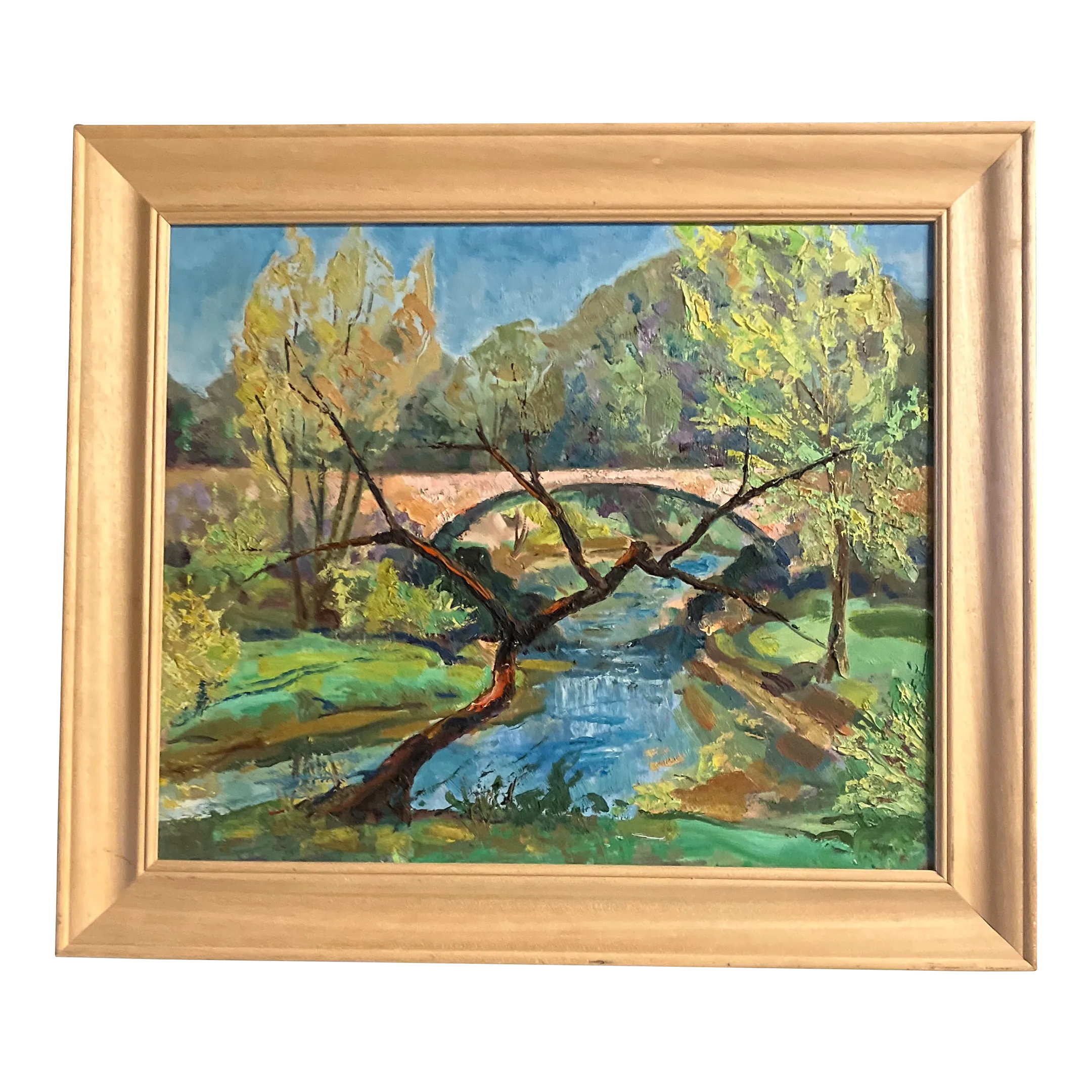 1960’s Vintage Impressionist Landscape With Bridge & Stream Painting Carved Raw Wood Frame ...