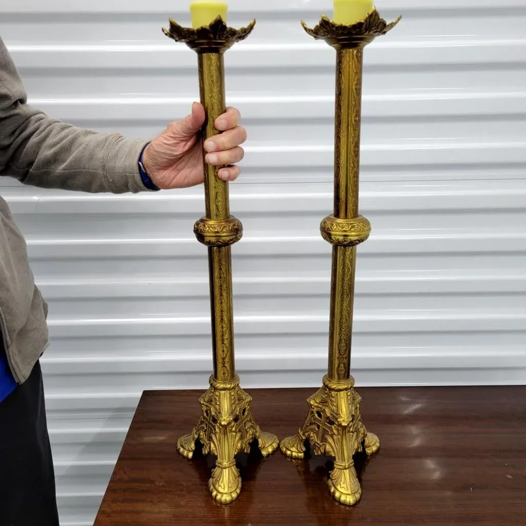 24 Tall Antique Gold Gilt Brass Church Candlestick Holders a Pair Chairish
