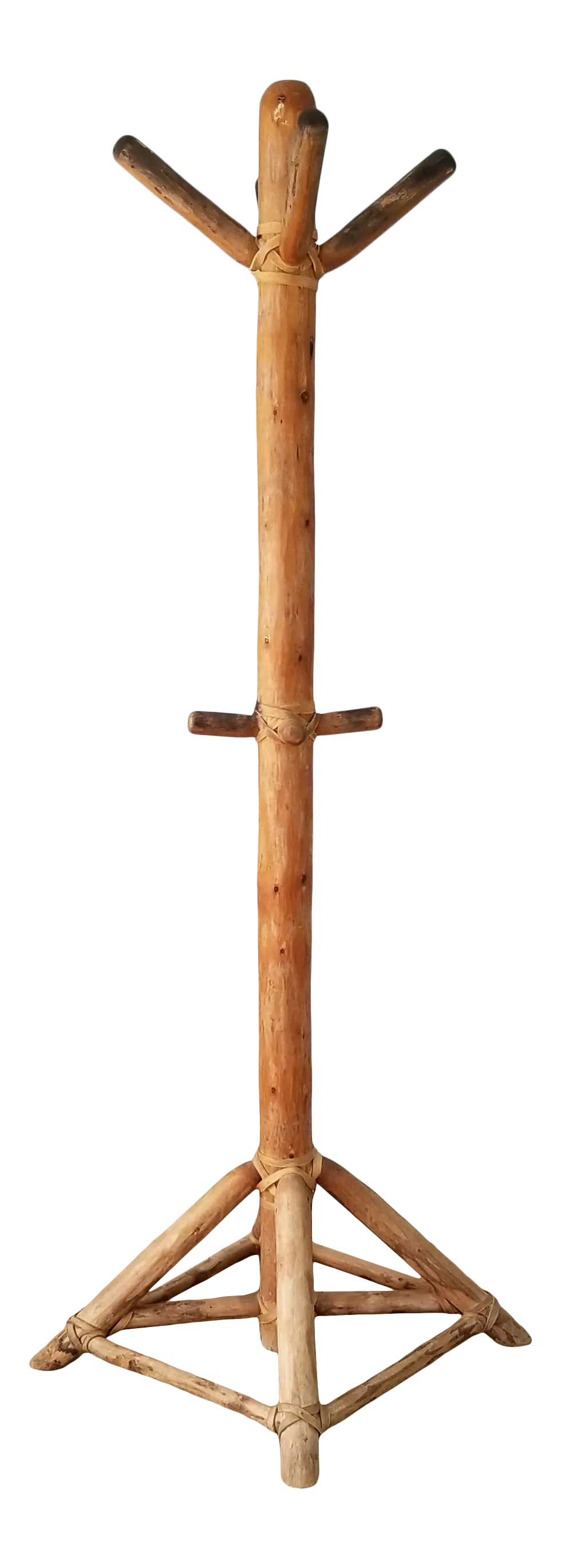 Vintage Handcrafted Wood and Leather Floor Coat Rack | Chairish