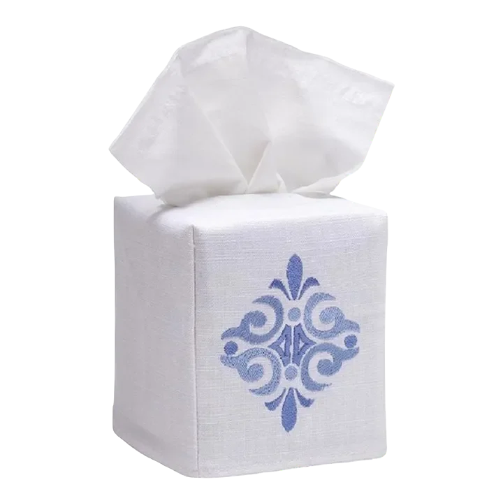 Blue Amalfi Scroll Tissue Box Cover in White Linen & Cotton ...