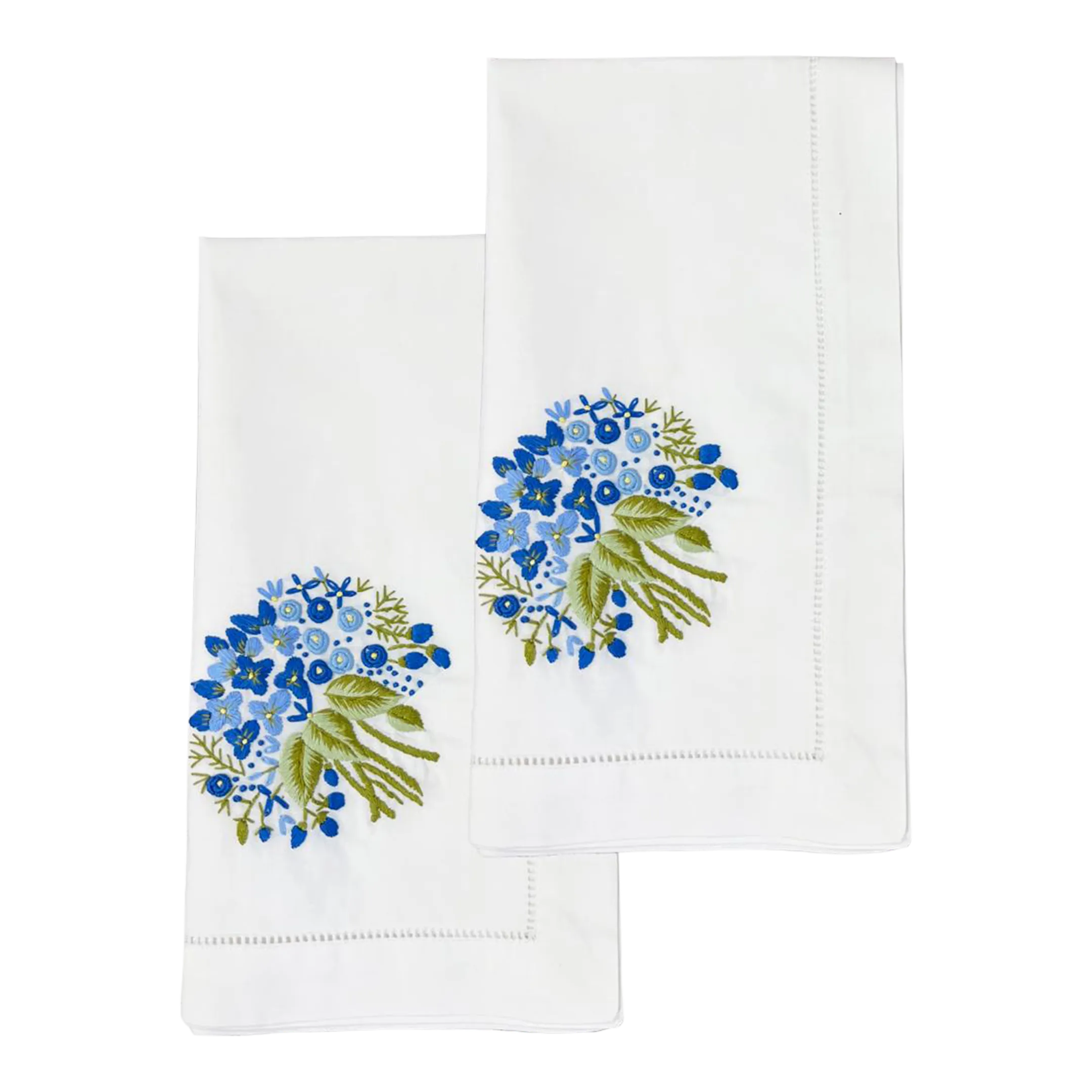 Blue Floral Bouquet Dinner Napkins White Cotton With Hem Stitch ...