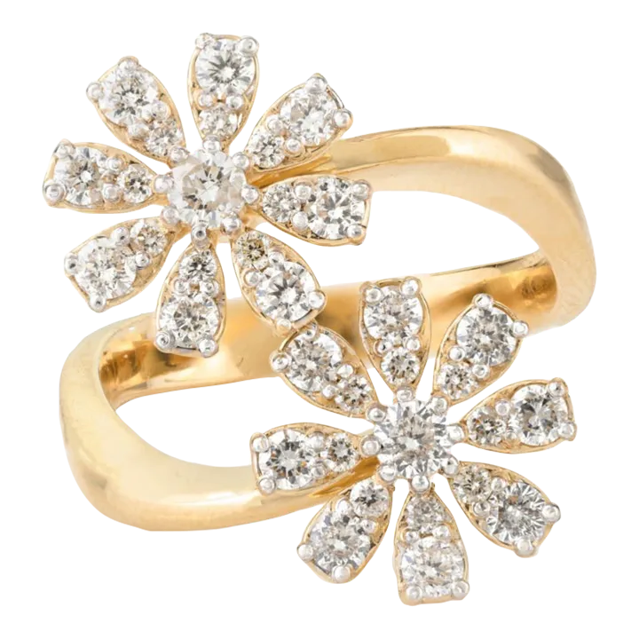 Double Diamond Flower Bypass Ring Size 7 | Chairish