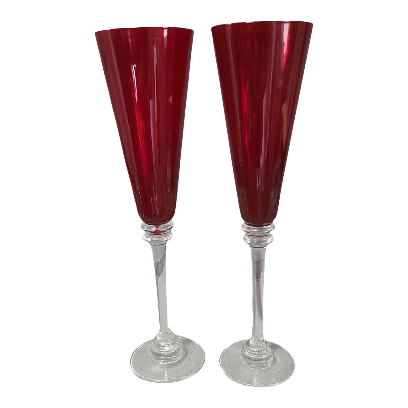 Vintage Pair of Valentine Red Ribbed Toasting Champagne Flutes Glasses ...