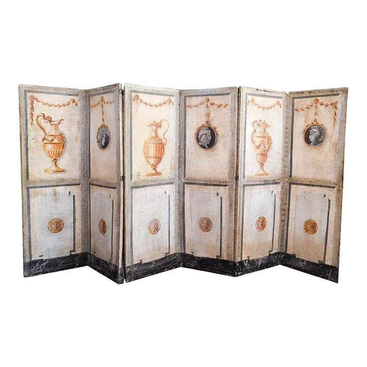 Early 19th Century Italian 6 Panel Hand Painted Two Sided Screen | Chairish