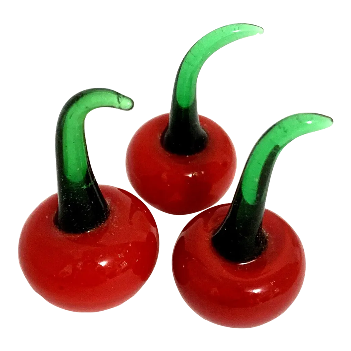 Murano Style Art Glass Cherries With Green Stems- Set of 3 | Chairish