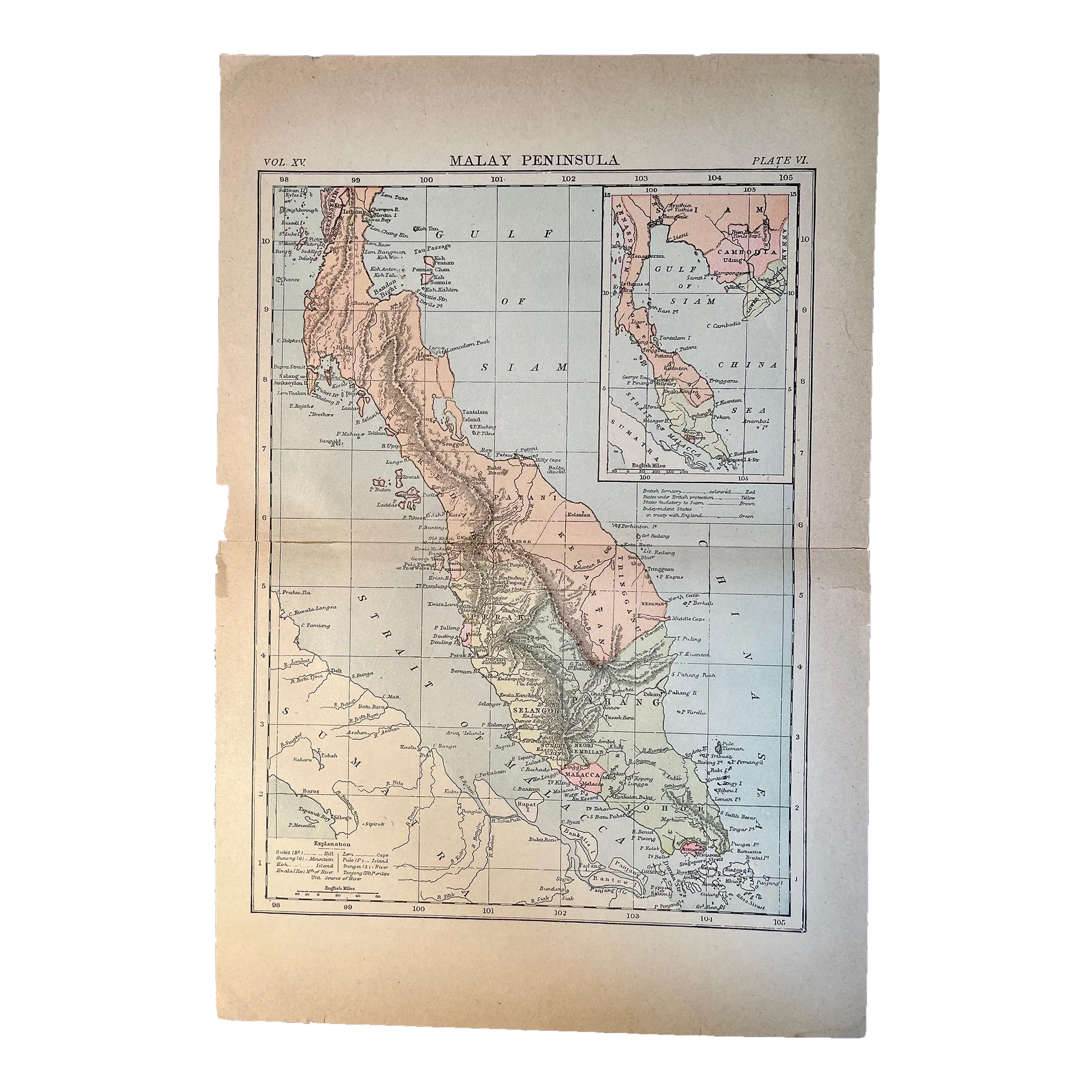 Antique Map Malay Peninsula 1894 Southeast Asia Hand Tinted 10x16 ...