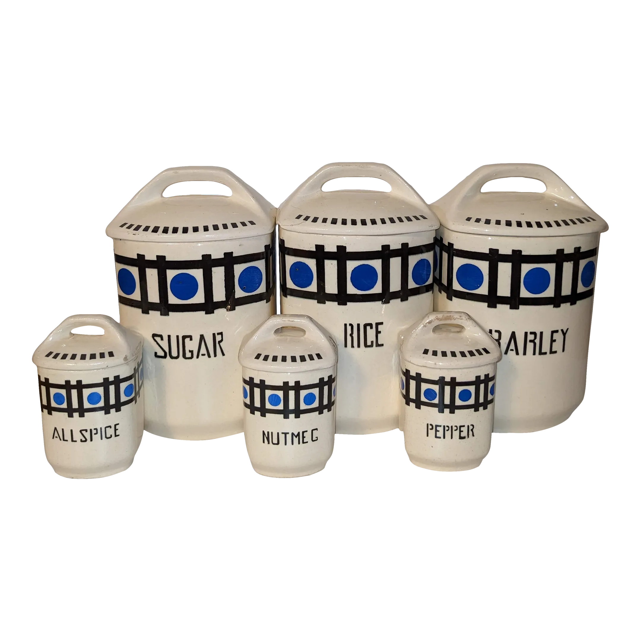 Vintage Art Deco Blue & White Kitchen Canisters- 12 Pieces | Chairish