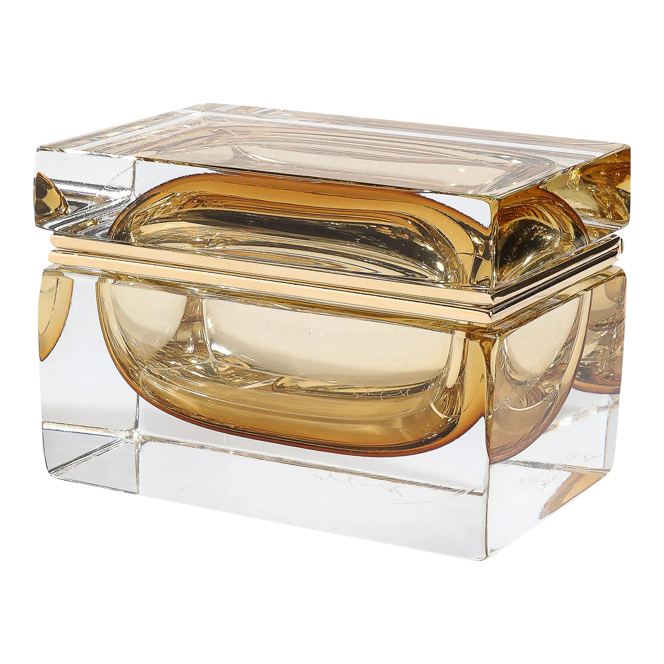Modernist Hand-Blown Amber Murano Glass Box With Brass Fittings | Chairish