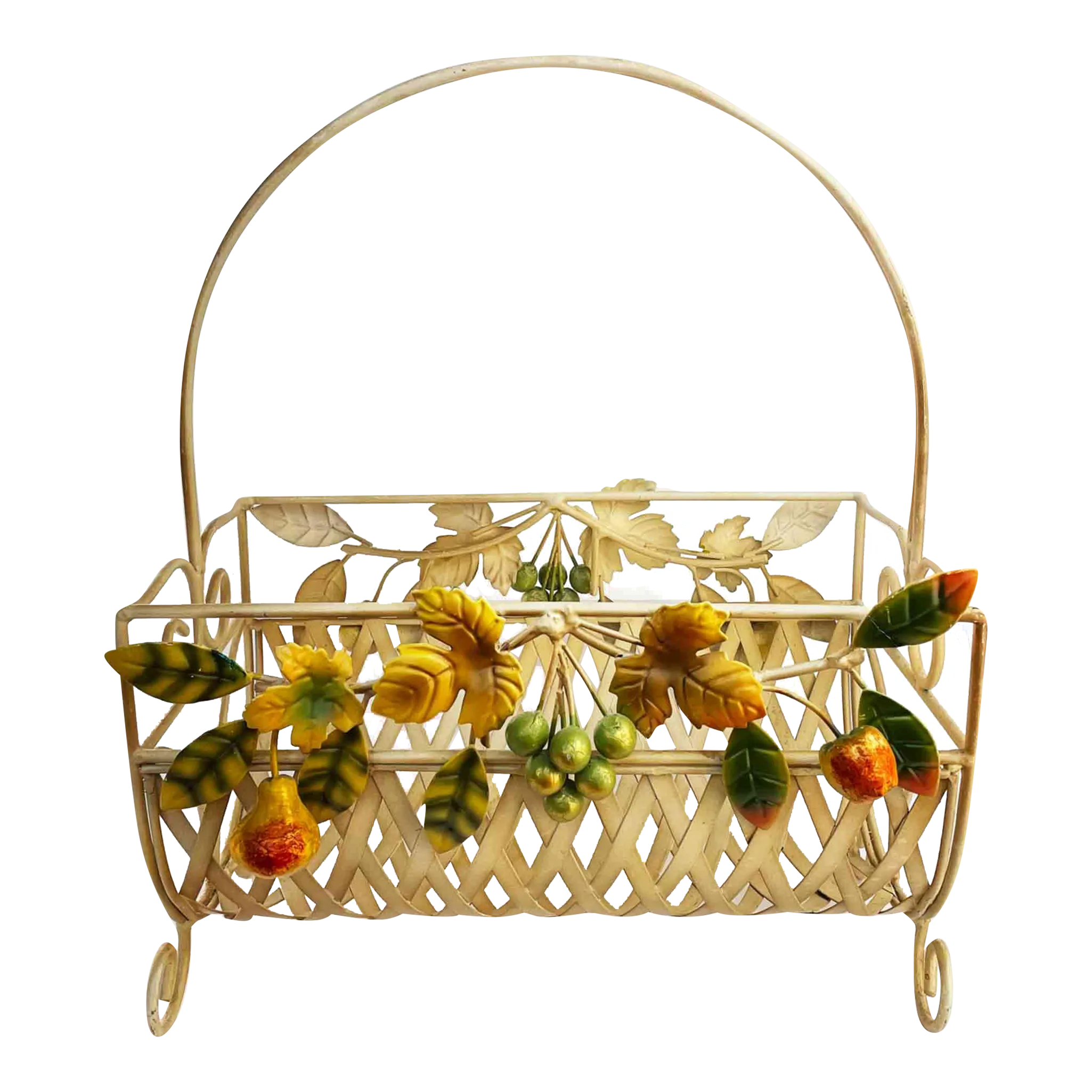 Vintage Iron Magazine Rack With Fruit Motif | Chairish