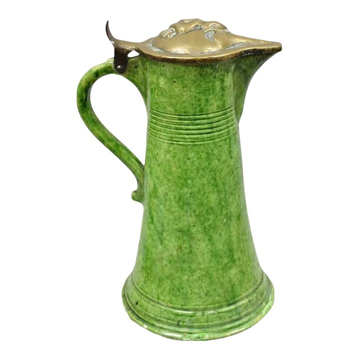Antique Green Ceramic Gothic Renaissance Pitcher With Brass Soldier ...