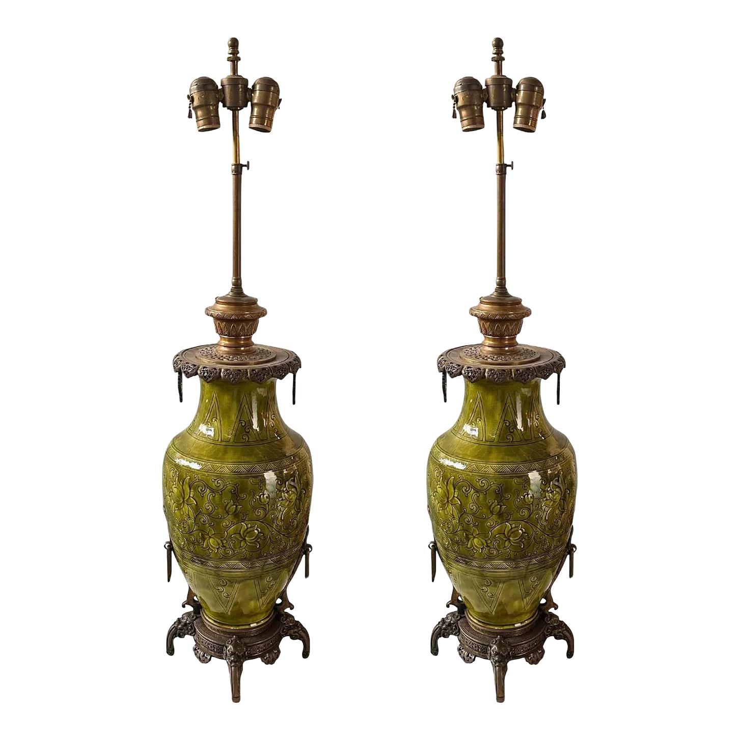 Pair of French 19th Century Ceramic & Bronze Lamps | Chairish