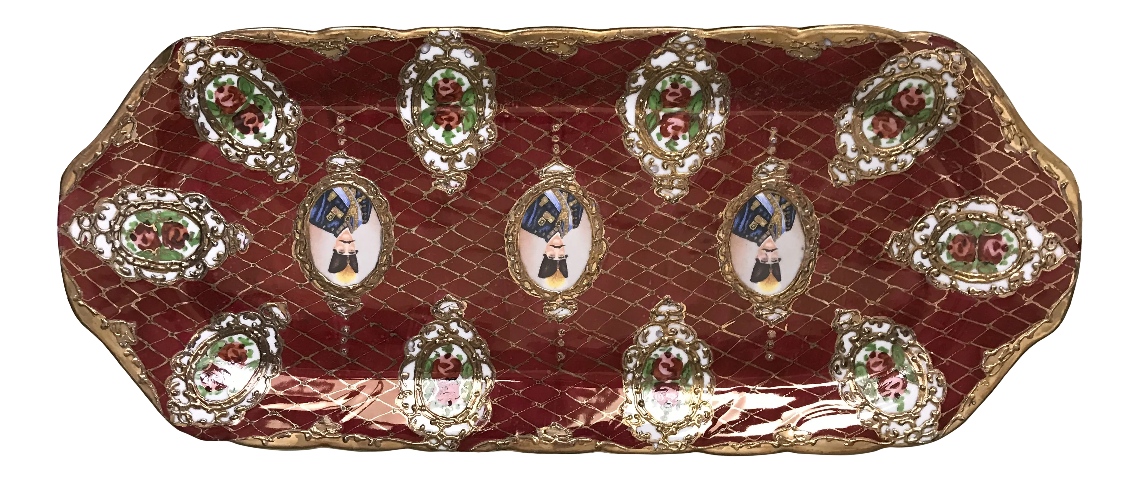 Antique Persian Qajar King Naser Al Din Shah Ceramic Gilt Tray | Chairish