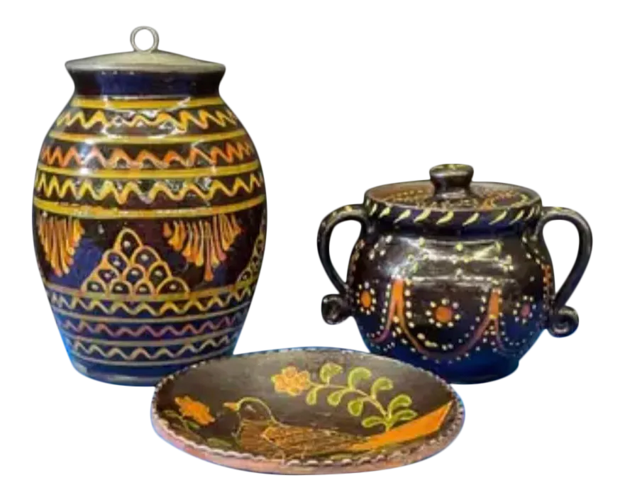 Early 21st Century Greg Schooner Redware Pottery Set- 3 Pieces | Chairish