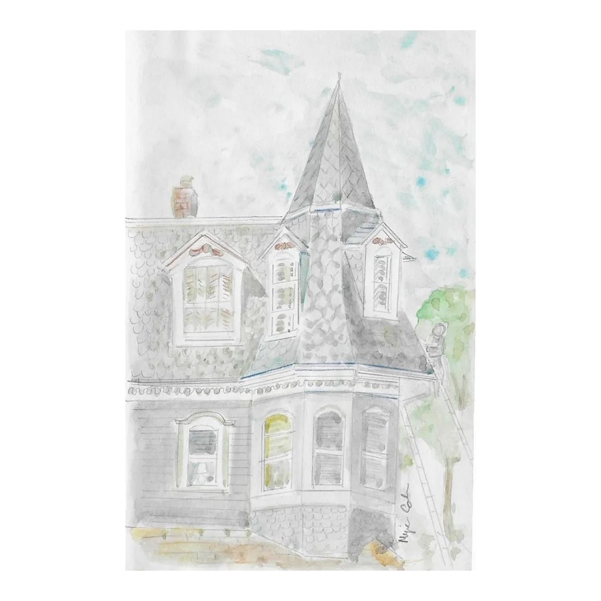 Myriam Cahn Watercolor of a Victorian House | Chairish