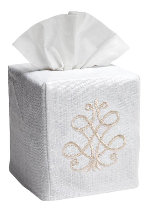 Beige French Scroll Tissue Box Cover in White Linen & Cotton ...