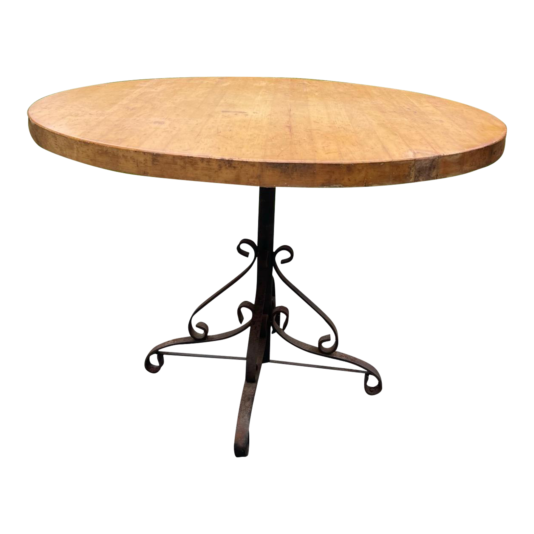 Vintage Round Butcher Block Table With Iron Base | Chairish