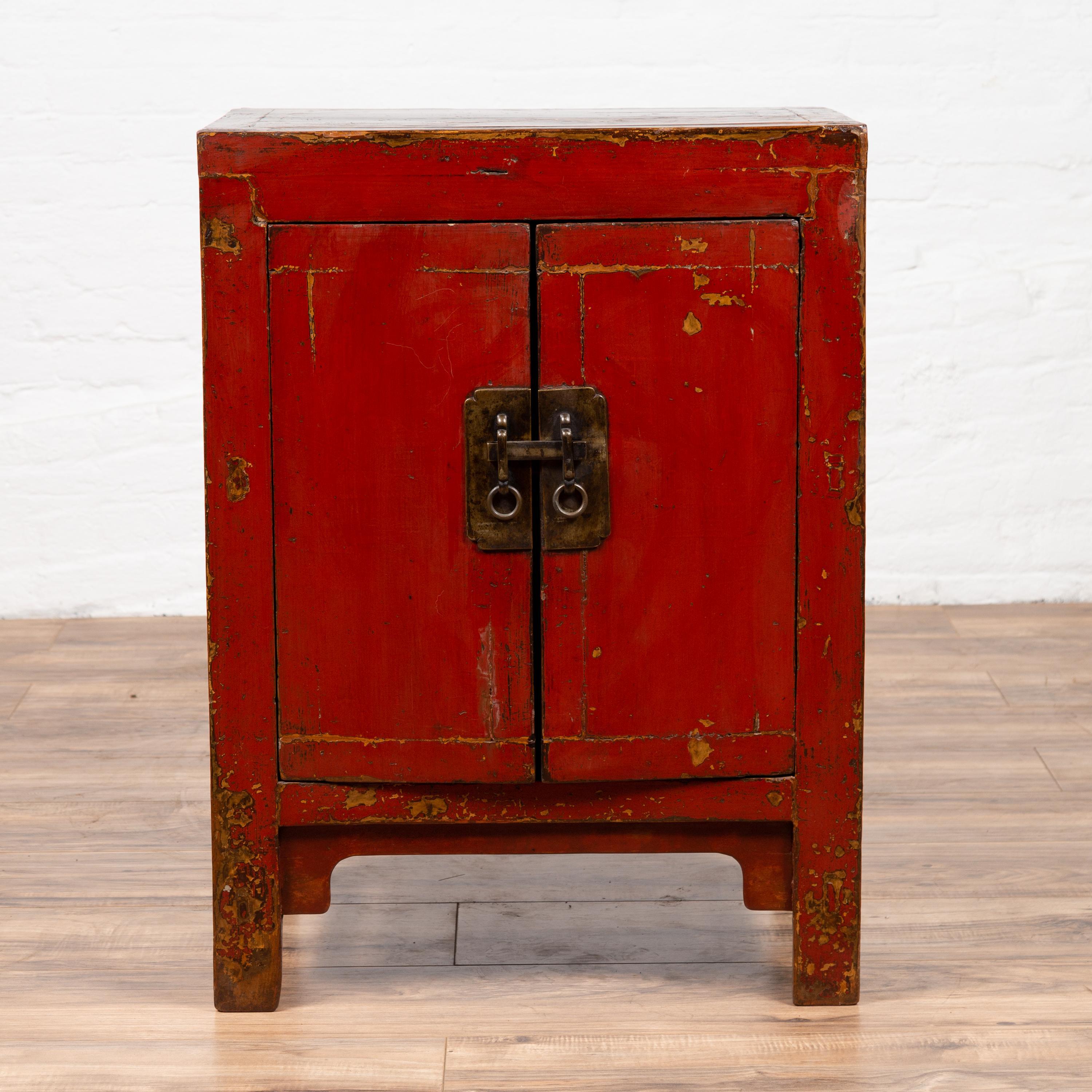 Chinese Red Lacquered Qing Dynasty Style Bedside Cabinet With Distressed Finish