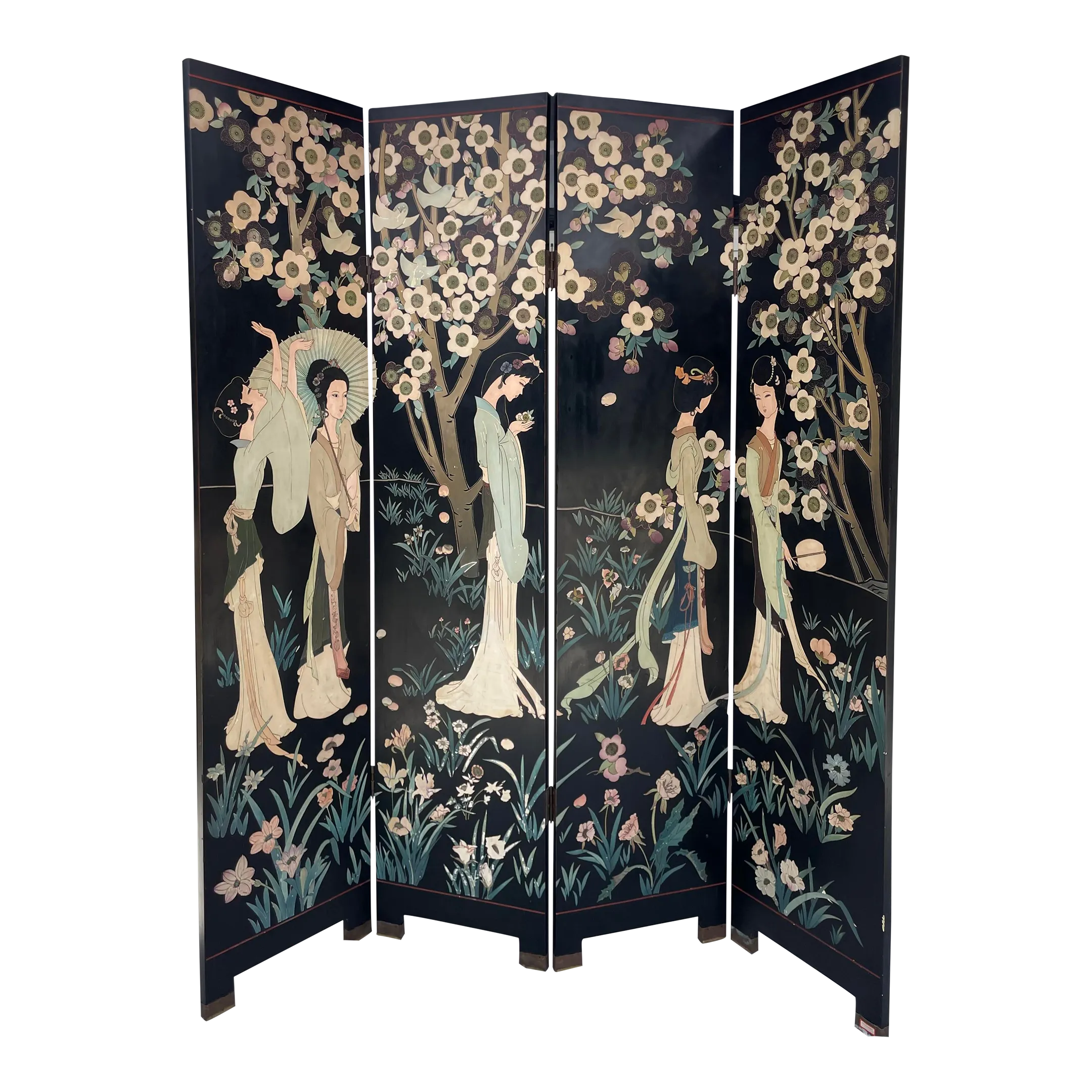 Chinoiserie 4-Panel Folding Black Lacquer Geisha Japanese Screen | Chairish