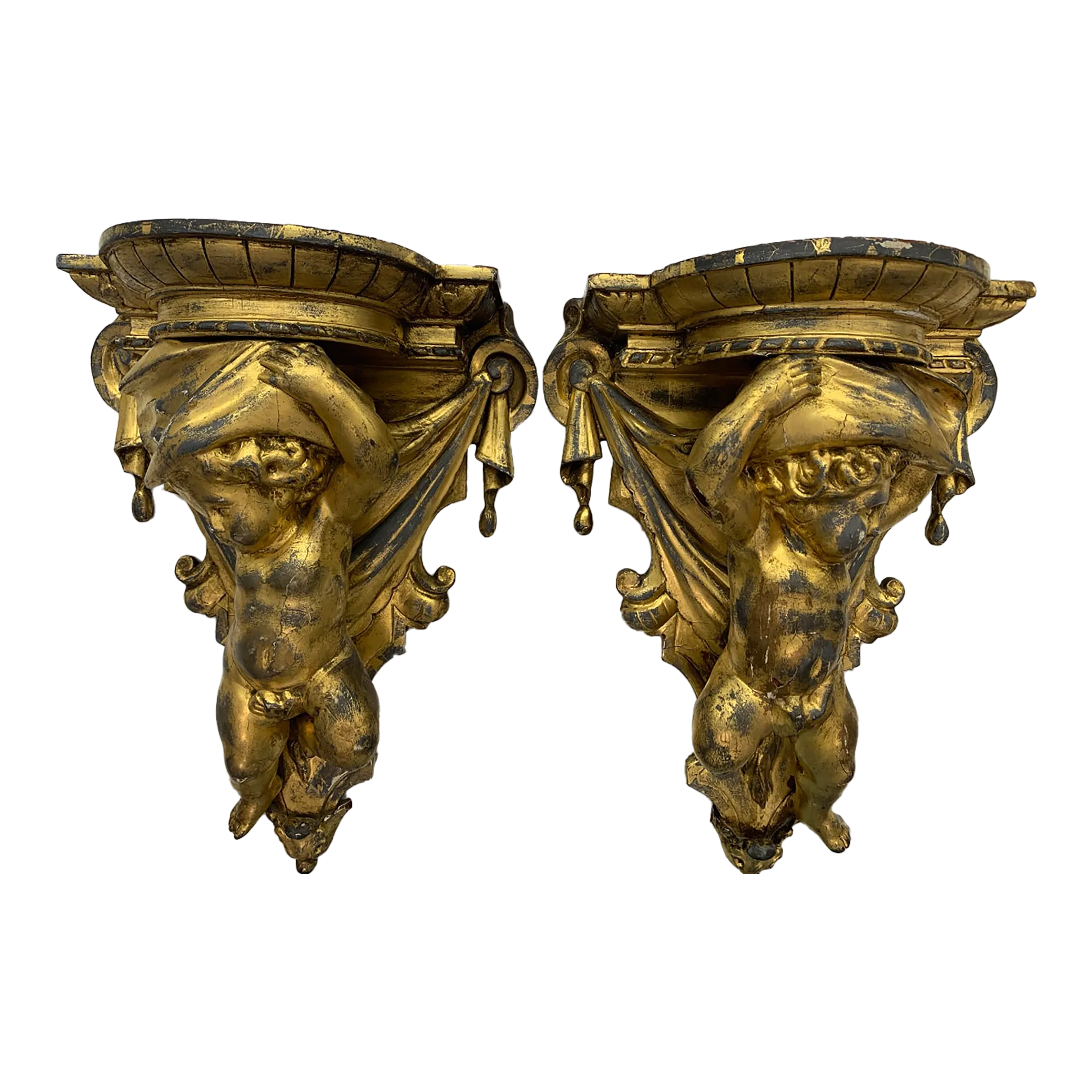 Pair of 1900s Louis VI Style Carved Putti Wall Brackets | Chairish