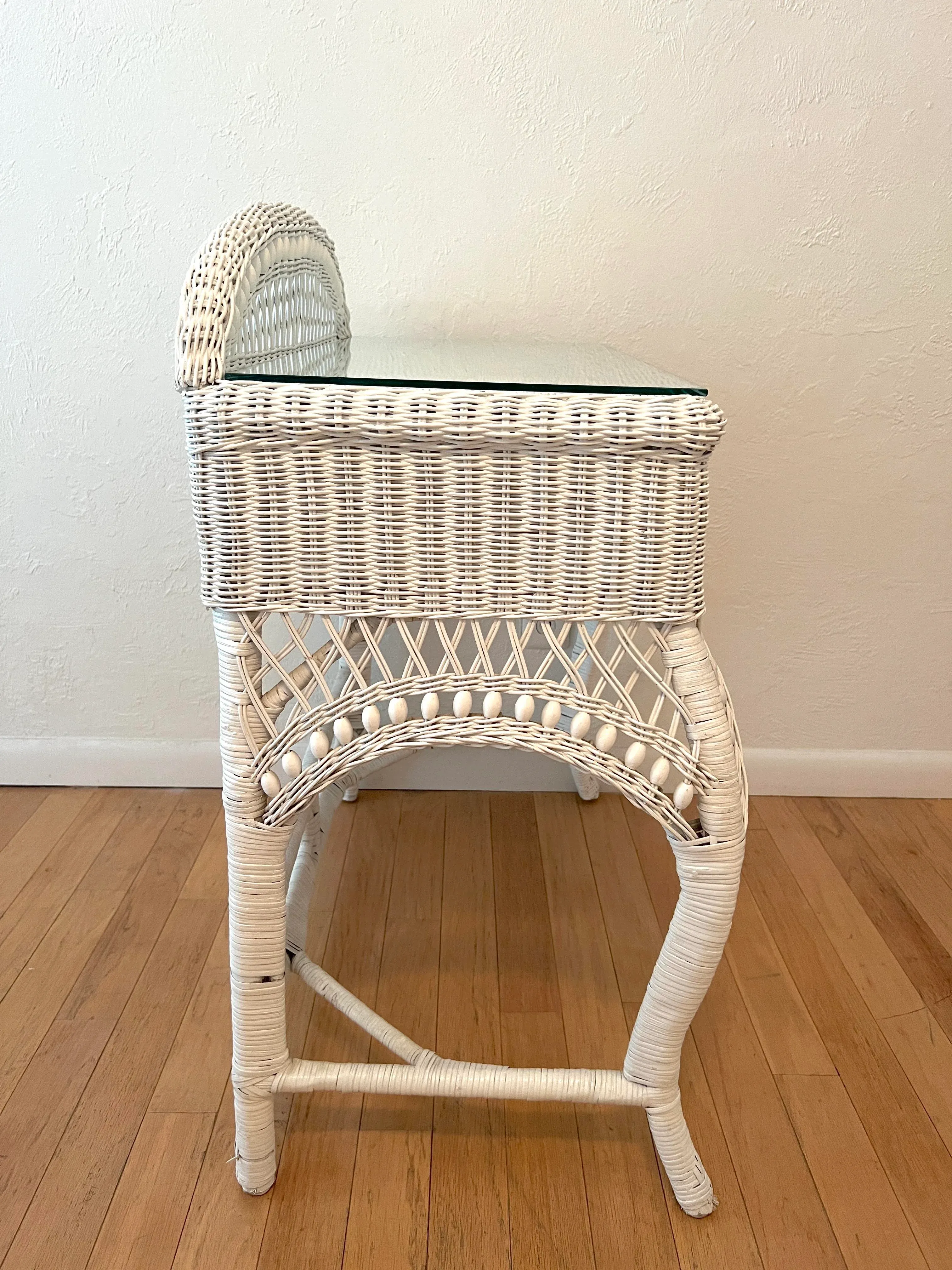 White wicker desk with glass top store