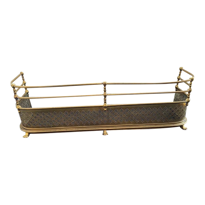 Antique Pierced Brass & Rail Paw Footed Fireplace Fender | Chairish
