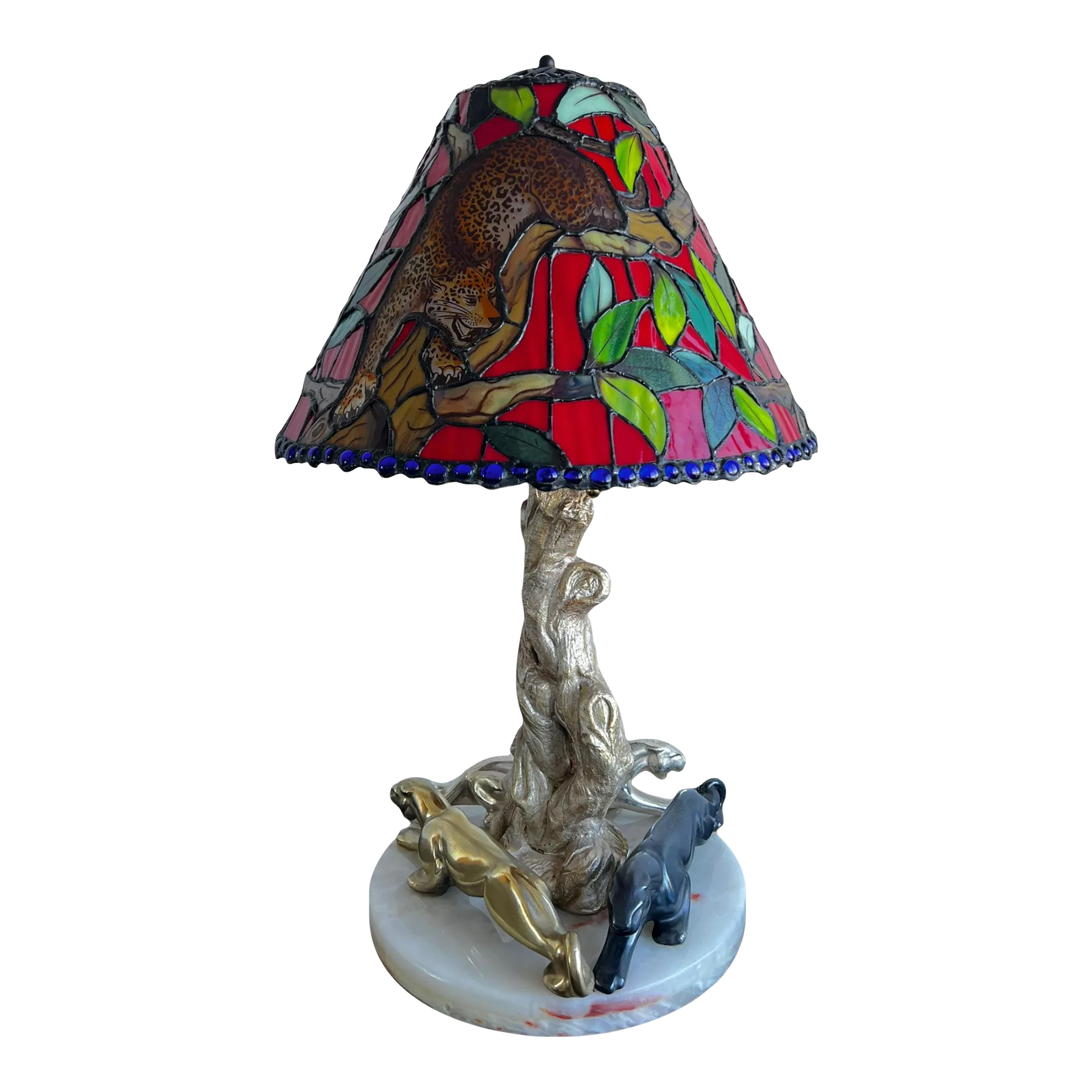 1970s Leopard Marble Base Stained Glass Shade Lamp | Chairish