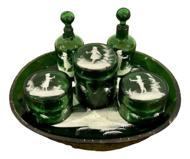 Victorian Green Dressing Table Set by Mary Gregory 1860s Set of 6 Chairish