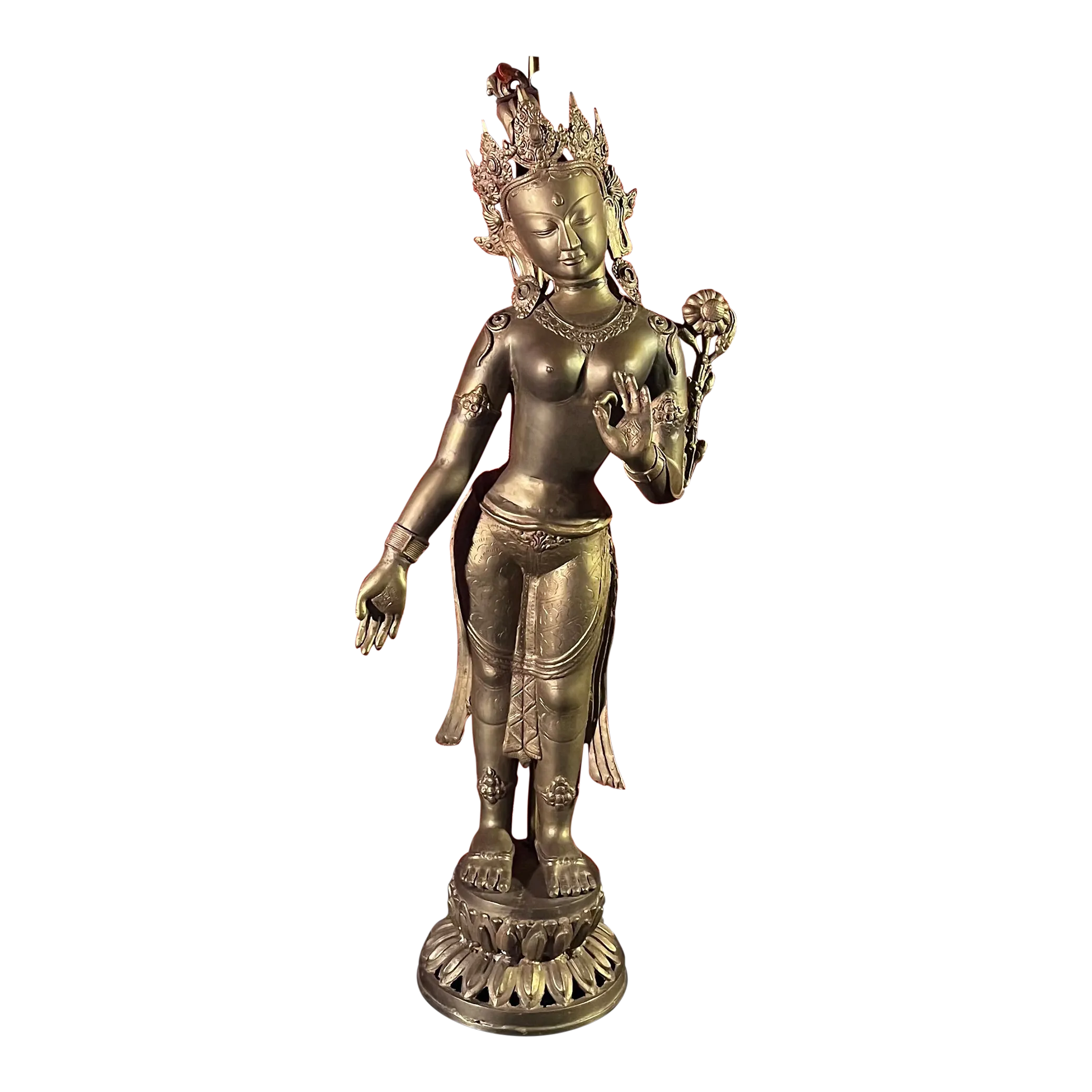 Early 20th Century Buddhist Goddess Statue and Lamp | Chairish