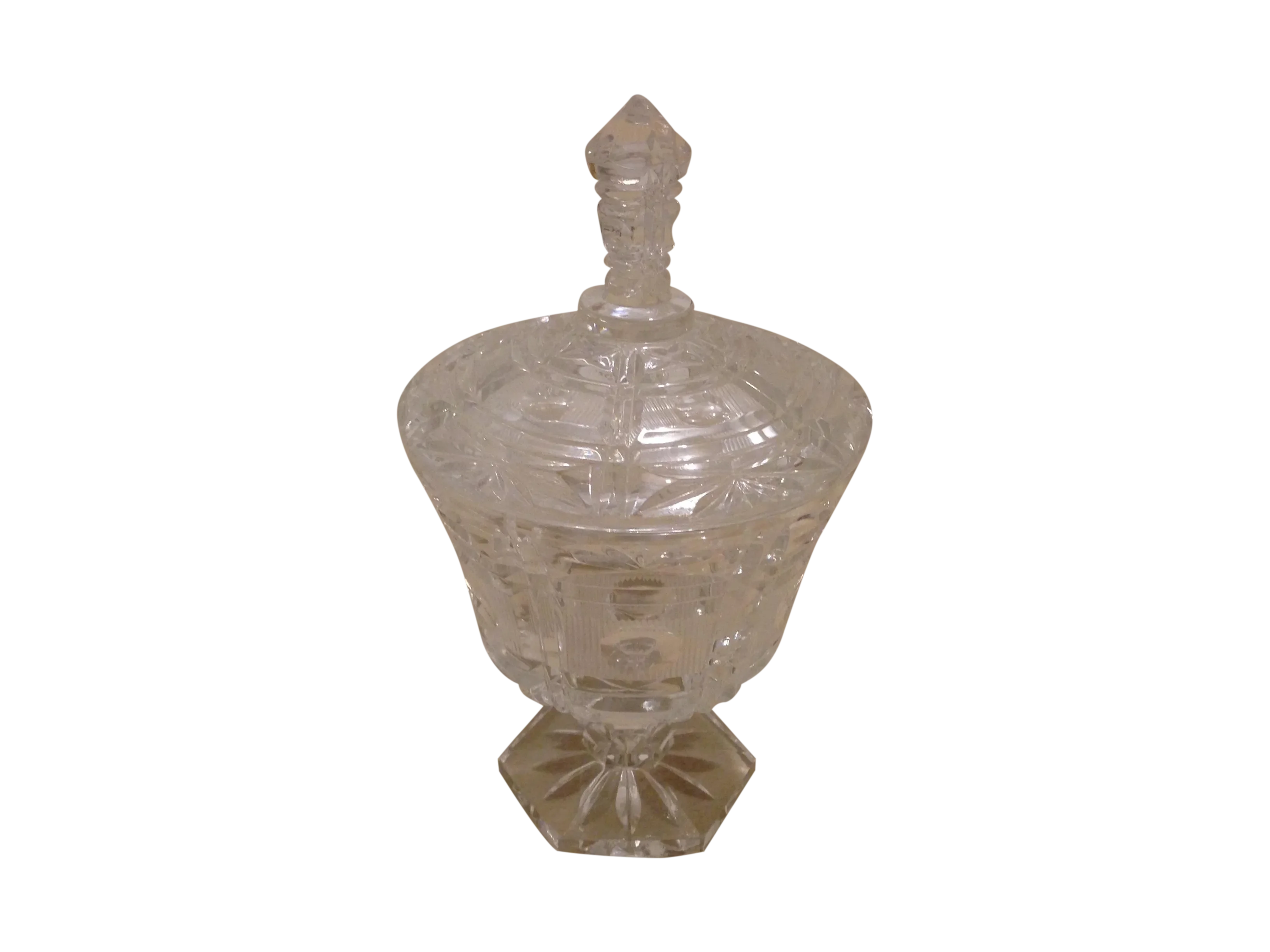 Vintage Pressed Clear Cut Glass Hexagon Base Dish | Chairish