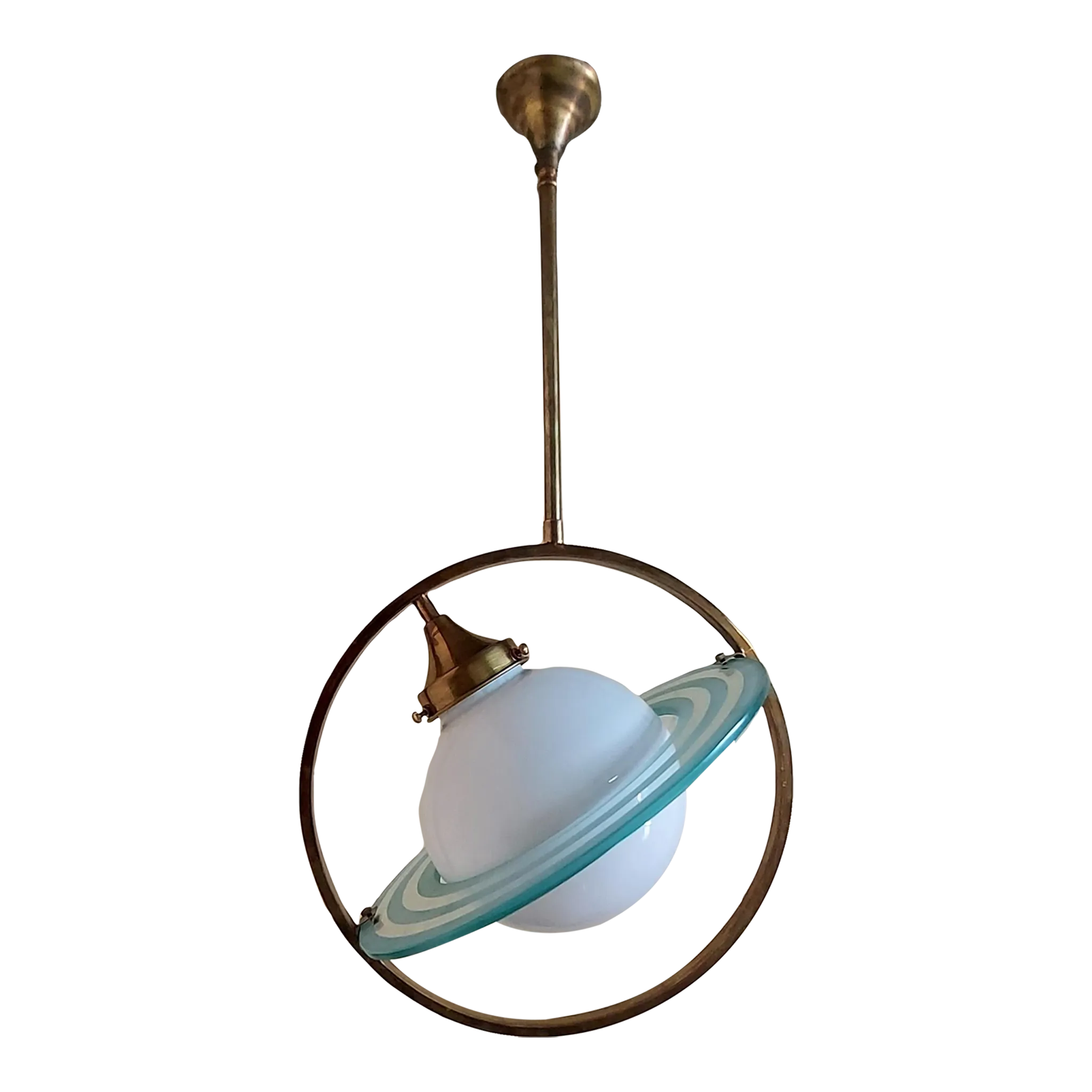 Vintage Art Deco Saturn Light Brass Milk Glass Shade Pendant | Chairish