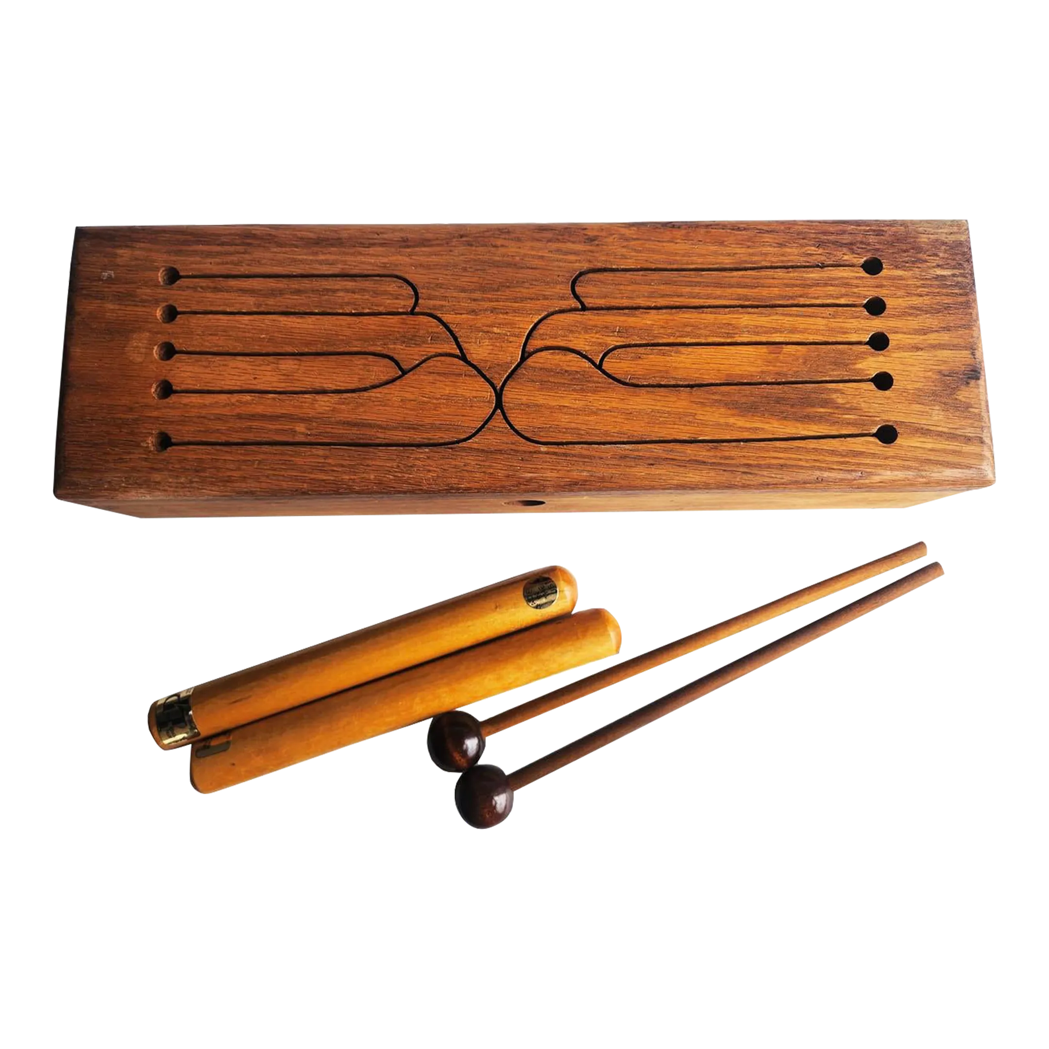 Vintage Wood Tongue Drum and Clave Percussion Sticks, 5 Piece Set ...