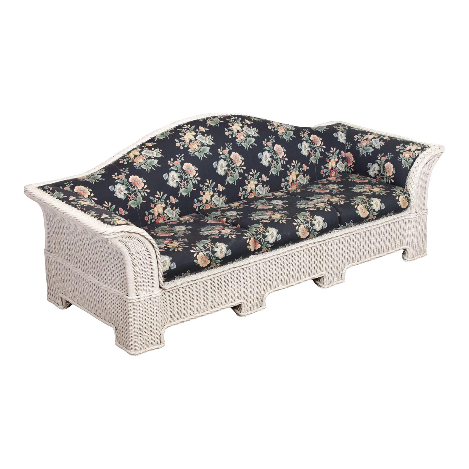 Late 20th Century Traditional White Wicker Camelback Sofa | Chairish