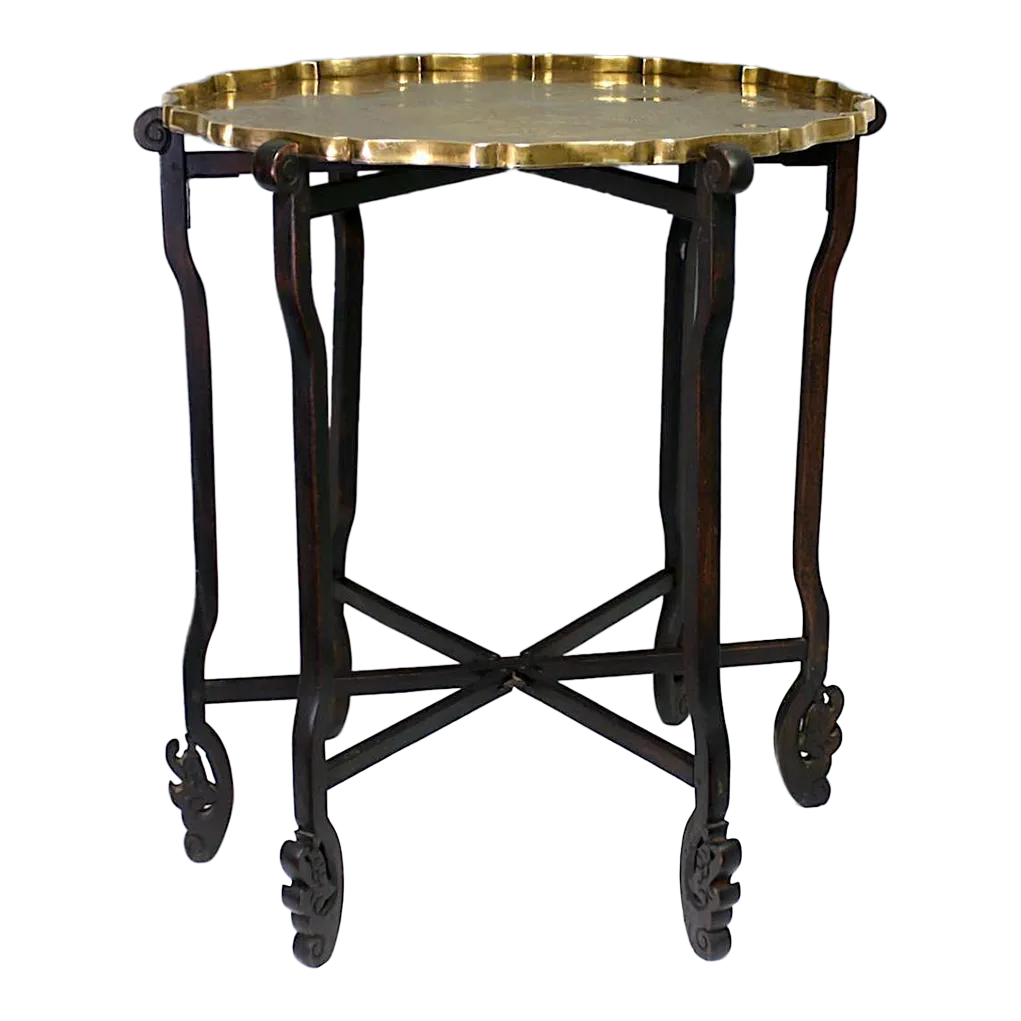 Antique Chinese Folding Golden Brass Tray Table With Engraved Scene ...