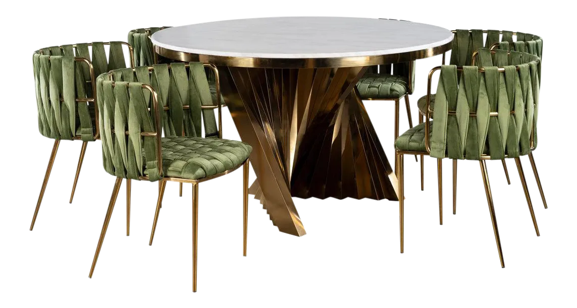 Waterfall Dining Set With Marble Top & Green & Gold Chairs - Set of 7 ...