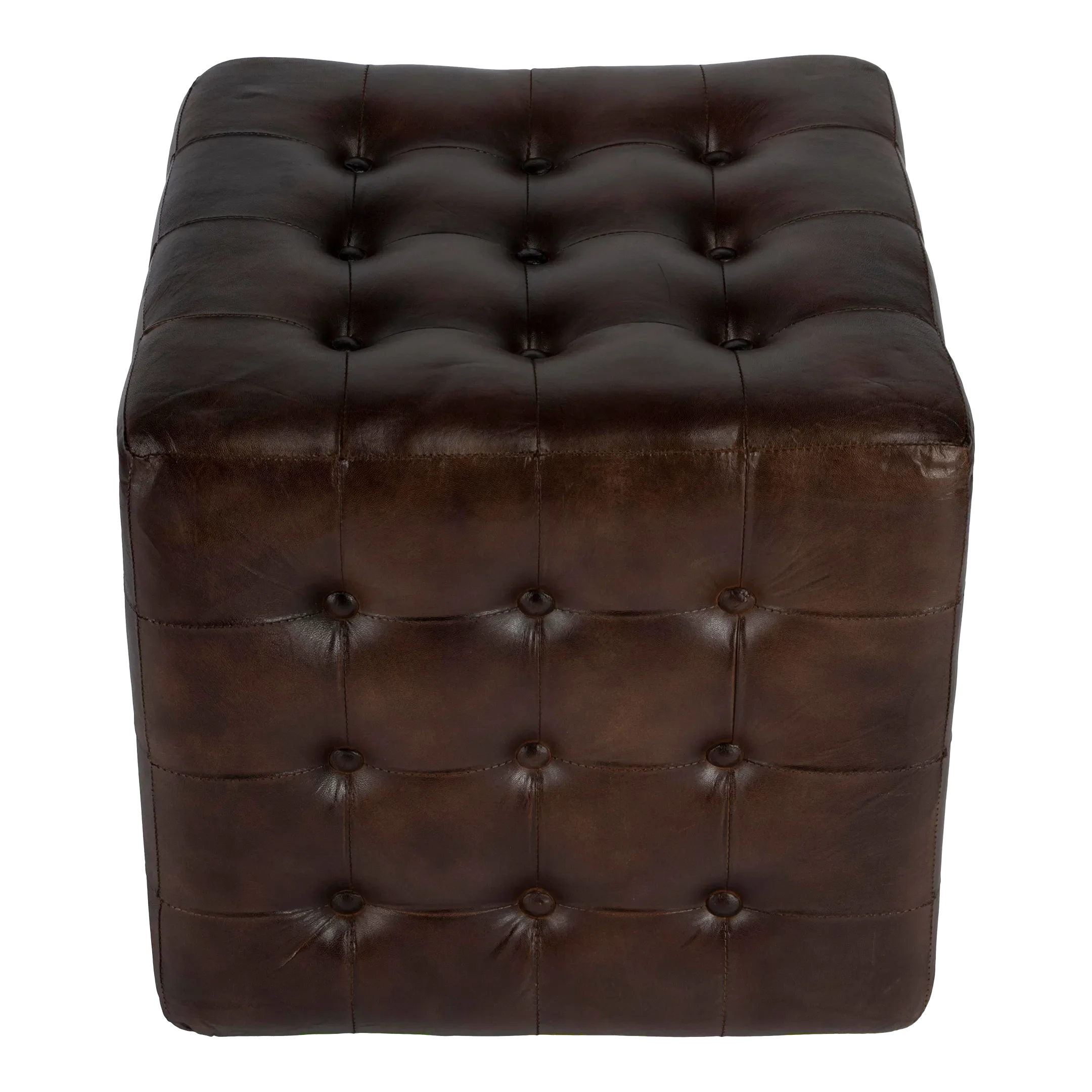 Leon Button Tufted Leather Ottoman, Dark Brown | Chairish