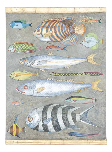 French Artist, Scene with Fish, Painted Canvas | Chairish