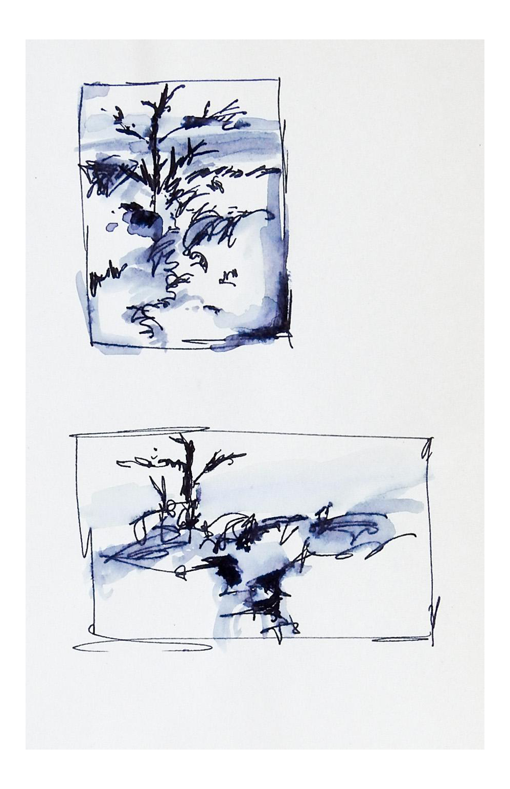 Late 20th Century Blue & White Abstract Pen & Ink Drawings | Chairish