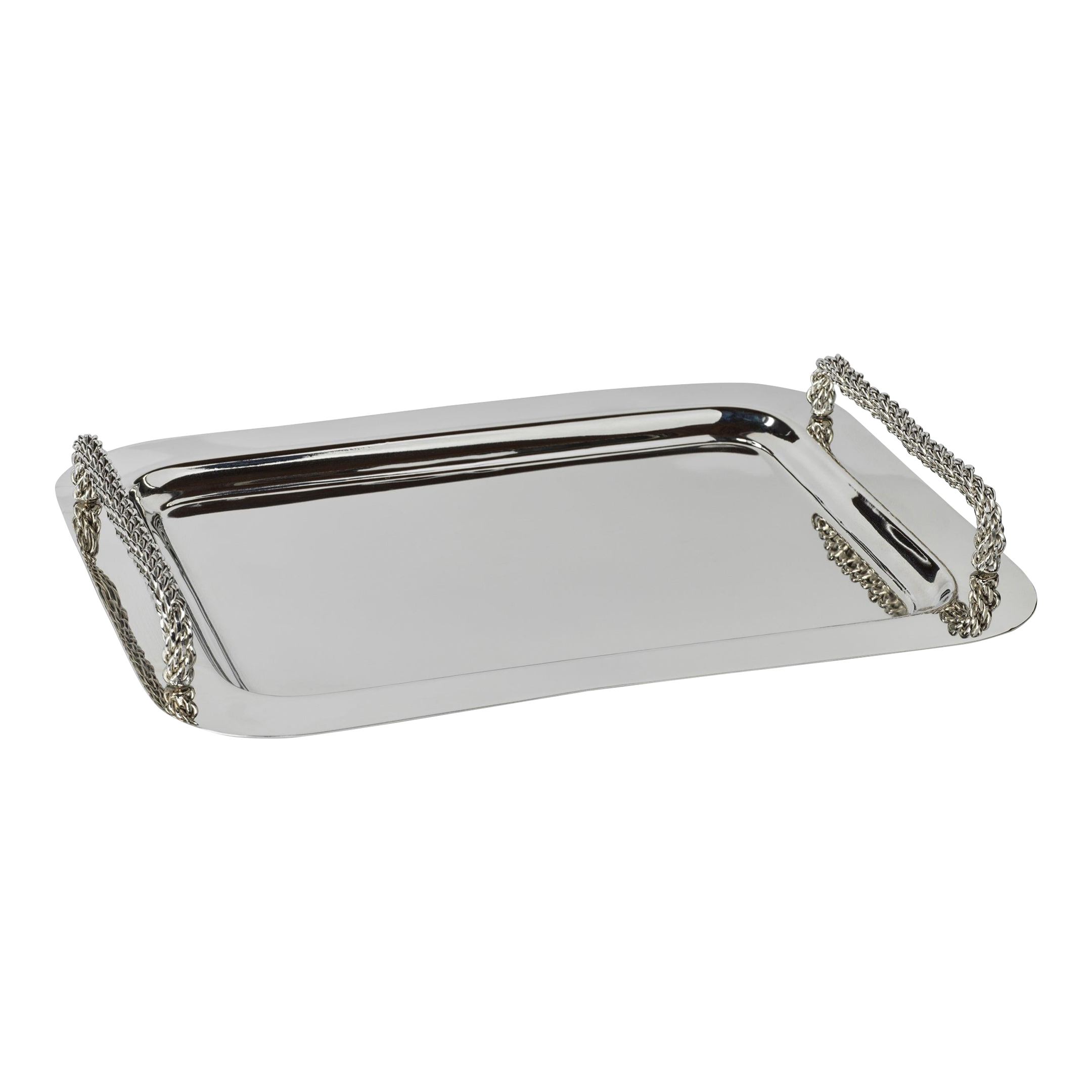 Rectangular Metal Serving Tray with Woven Handles | Chairish