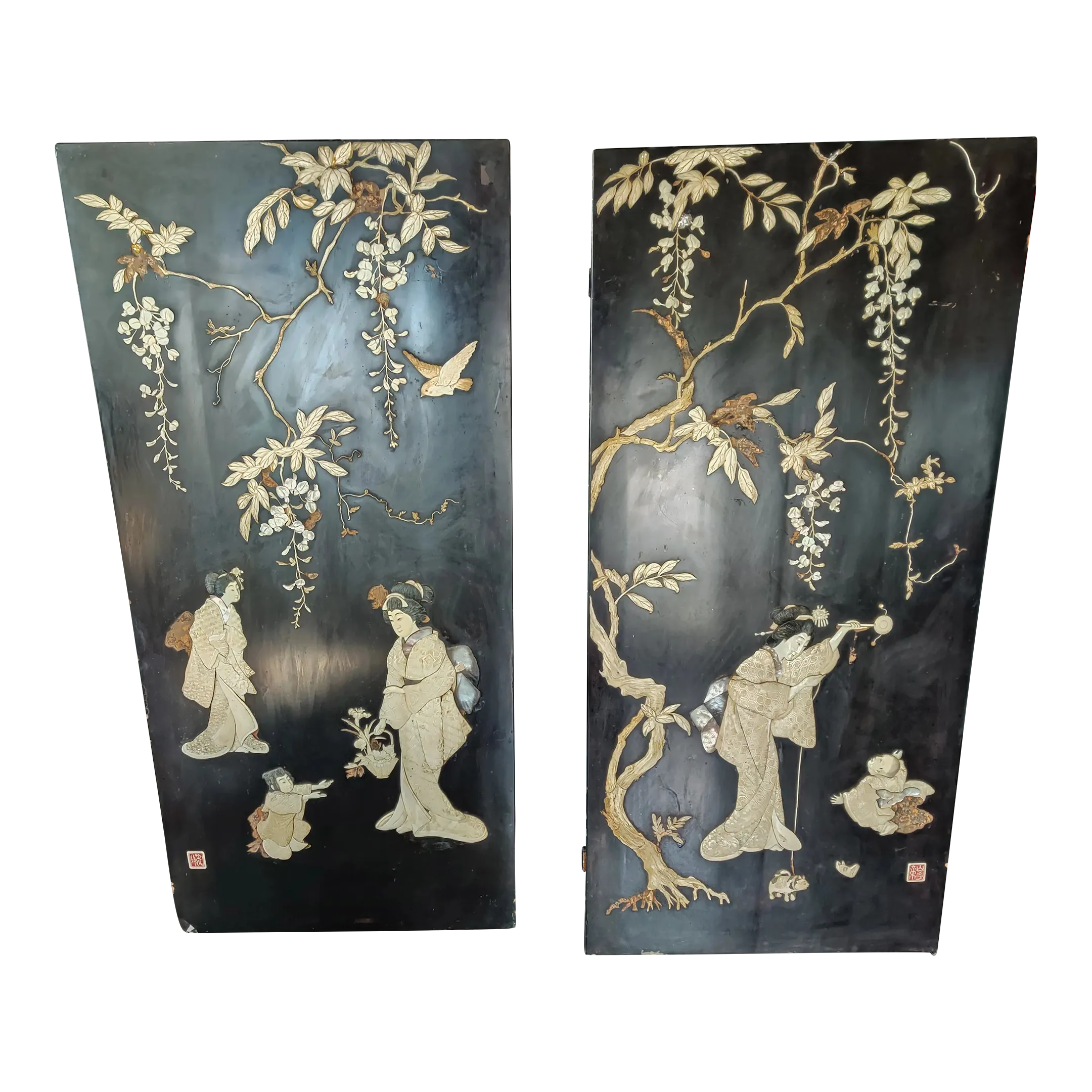 Antique Japanese Black Lacquer Wall Panels- Set of 2 | Chairish
