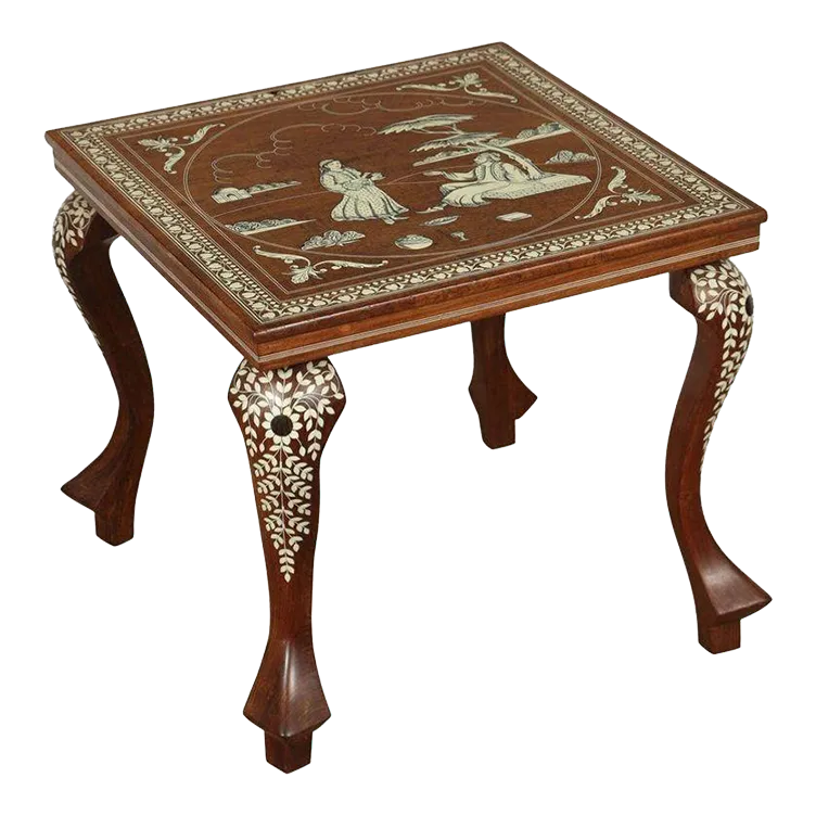 Anglo Indian Mughal Teak Inlaid Square Side Table | Chairish