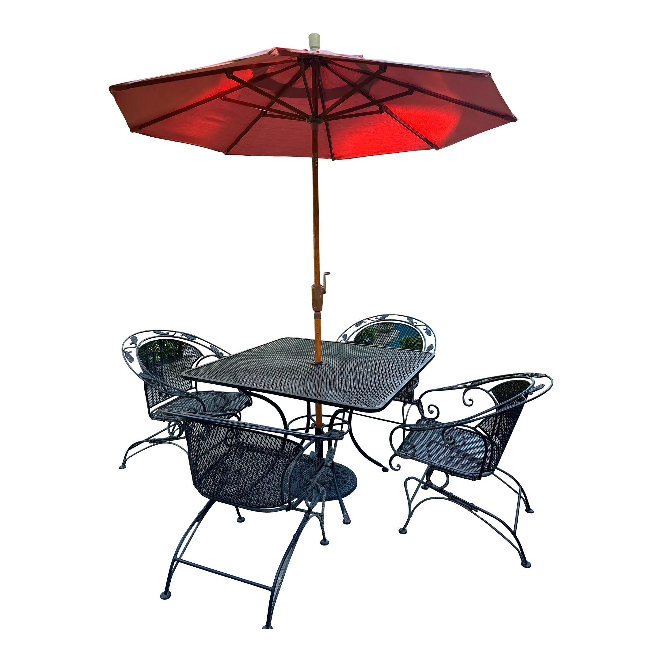 O.W. Lee Vintage Garden Leaf Wrought Iron Table & 4 Barrel Back Coil ...