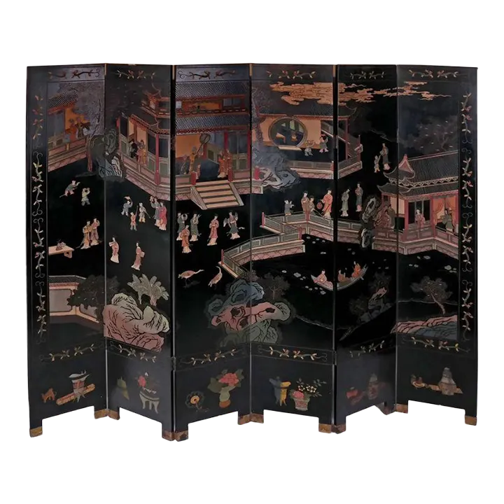 Six Panel Black Japanese Screen With Painted Decoration | Chairish