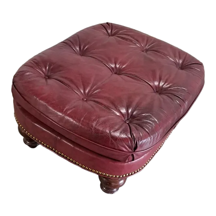 Vintage 2000s Burgundy Tufted Leather Nailhead Ottoman Footstool | Chairish